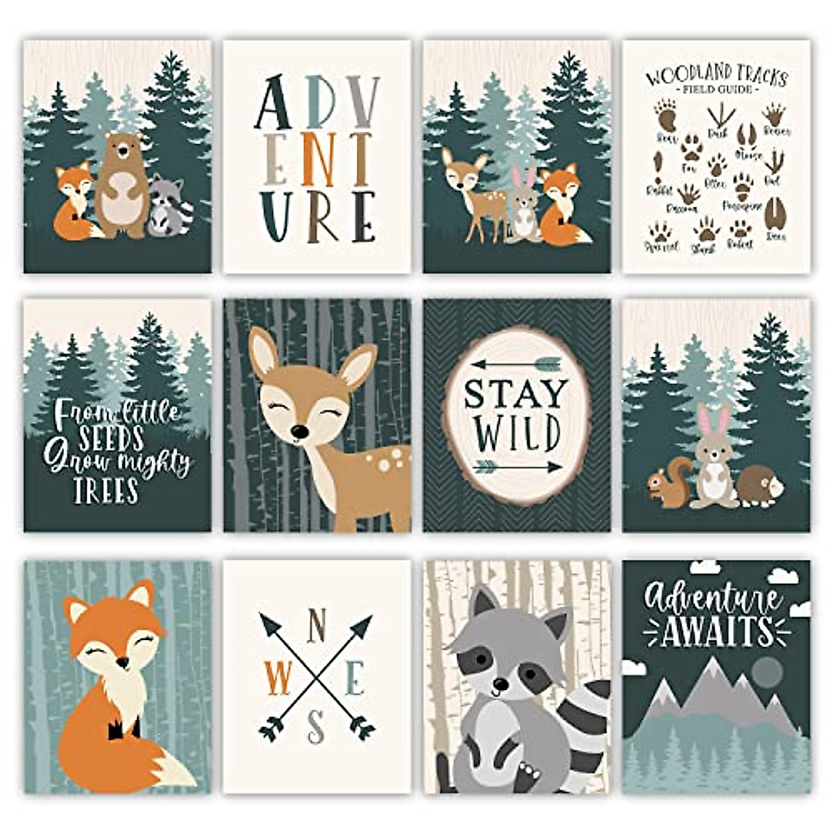 6 Reversible 8x10 Woodland Nursery Decor For Boys Prints, Woodland Nursery Wall Decor, Woodland Baby Shower Decorations, Woodland Creatures Nursery Wall Art Decor, Woodland Animals Posters For Bedroom