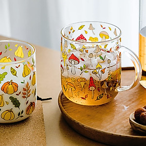 Mushroom Glass Mug with Gold Spoon Aesthetic Glass Cup with Cute Mushroom Patterns Mushroom Coffee Milk Mug Tea Cup Breakfast Drinking Mushroom Stuff (with Spoon)