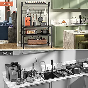 Bakers Rack with Power Outlet, 4-Tier Microwave Oven Stand, Coffee Bar Station with 10 Hooks, Large Kitchen Storage Shelf with Hutch, Black