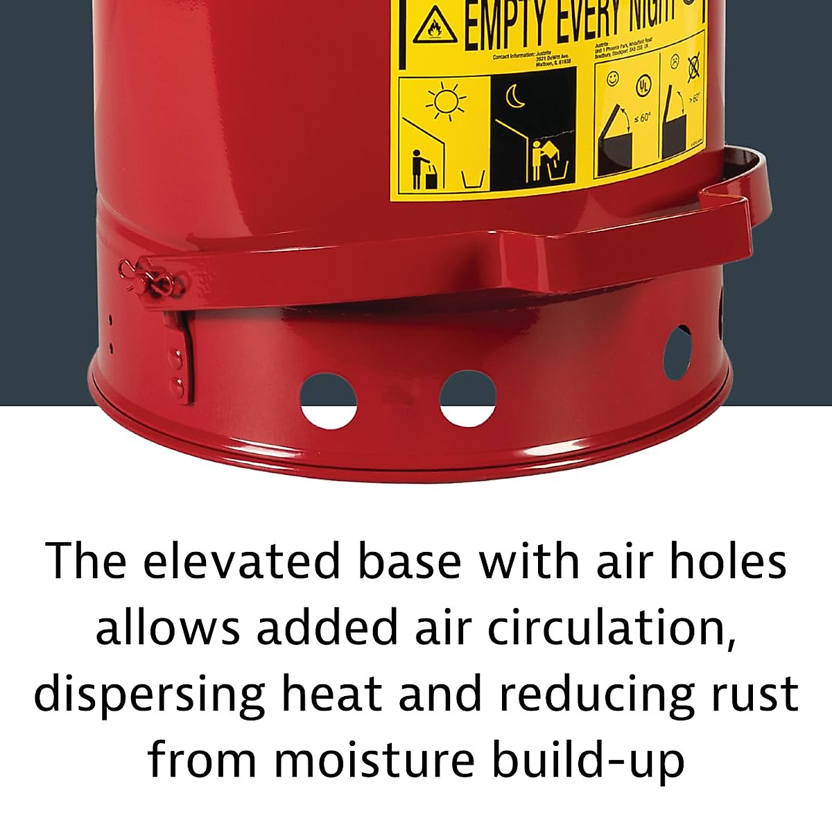 Justrite 6 Gallon Galvanized Steel Oily Waste Can, 16" x 12" Metal Oil Rag Safety Can with Quiet Foot-Operated Self-Closing Lid for Oil Rag Disposal, Made in The USA, Red, 09108