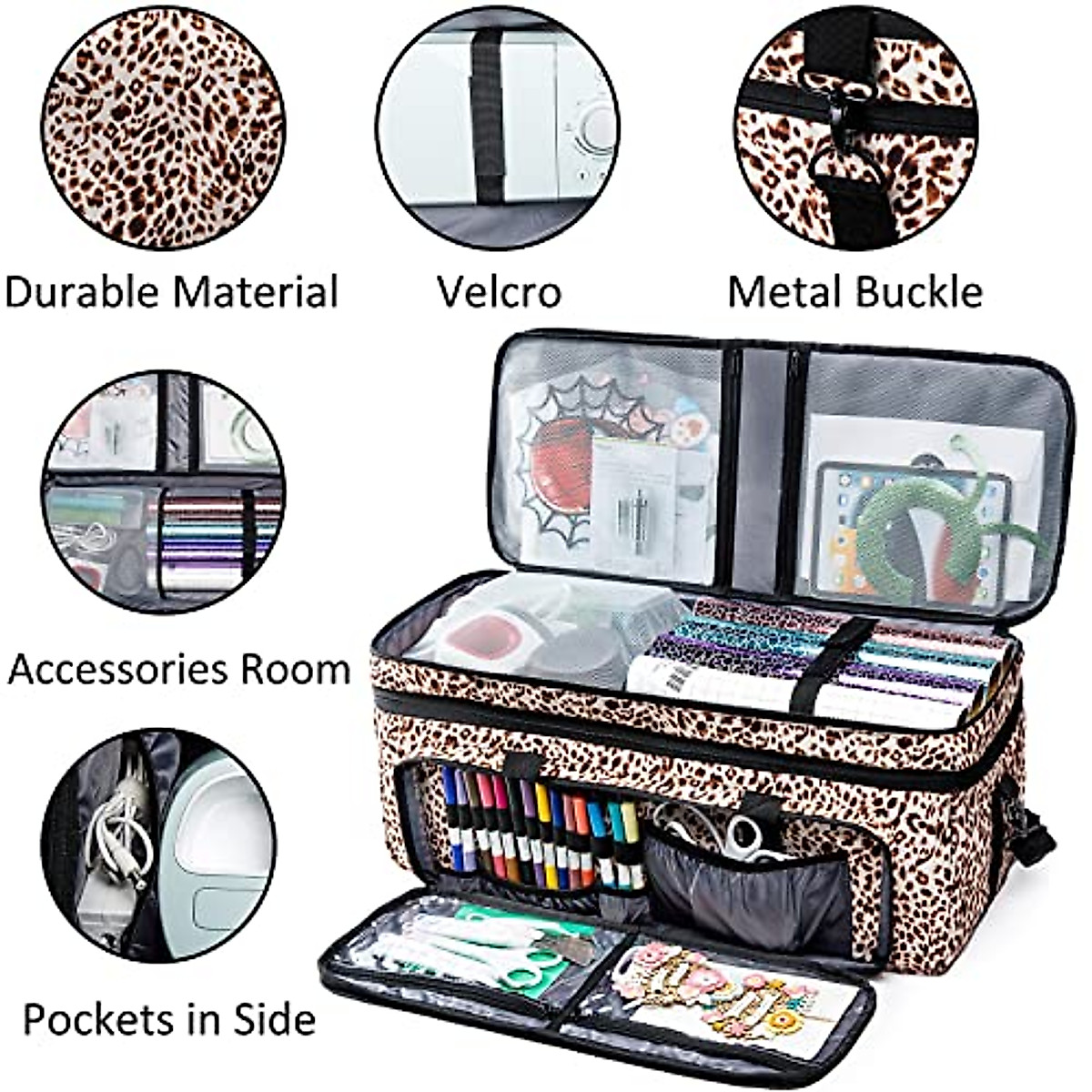 BAGSPRITE Double-Layer Carrying Case Compatible with Cricut Explore Air, Air 2, Maker and Maker 3, Cricut Case with Mat Pockets and Cricut Accessories Storage (Leopard)