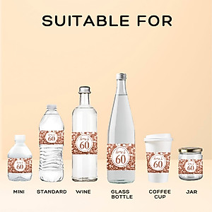 Andaz Press Glitzy Faux Glitter Rose Gold Water Bottle Labels Stickers, Cheers to 60, 60th Birthday Water Bottle Labels Anniversary 60th Birthday Decorations for Women Birthday Party Favors, 20-Pack