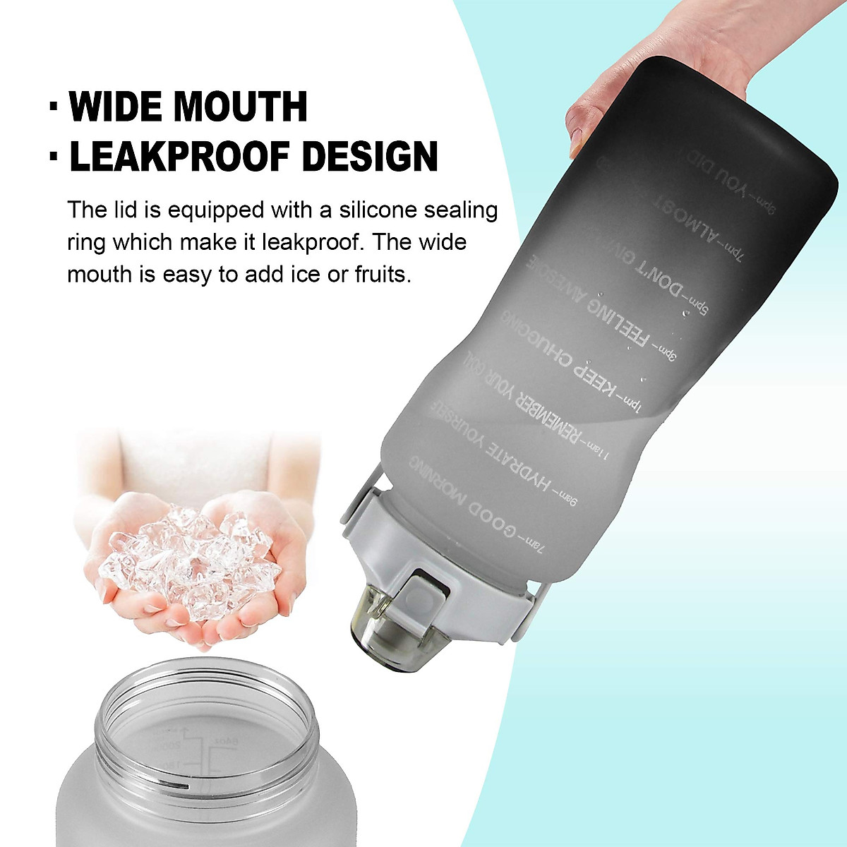 EYQ 64oz Leakproof Free Drinking Water Bottle with Motivational Time Marker BPA Free for Fitness, Gym and Outdoor Sports (Black/Gray Gradient)