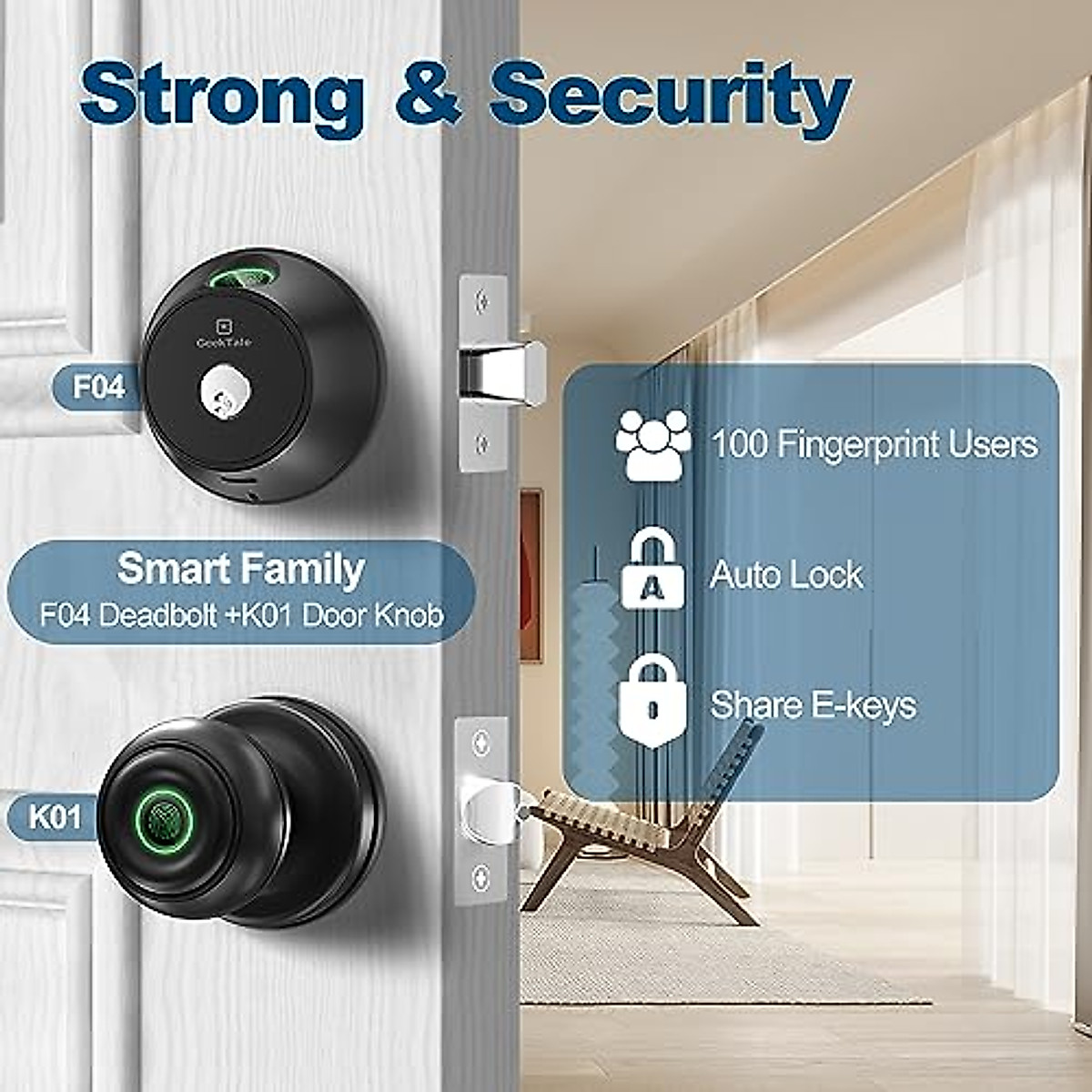 GeekTale Fingerprint Door Lock Set, Keyless Entry Door Lock with Smart Knob, Fingerprint Door Knob with Smart Deadbolt, Smart Locks with App Control for Front Door