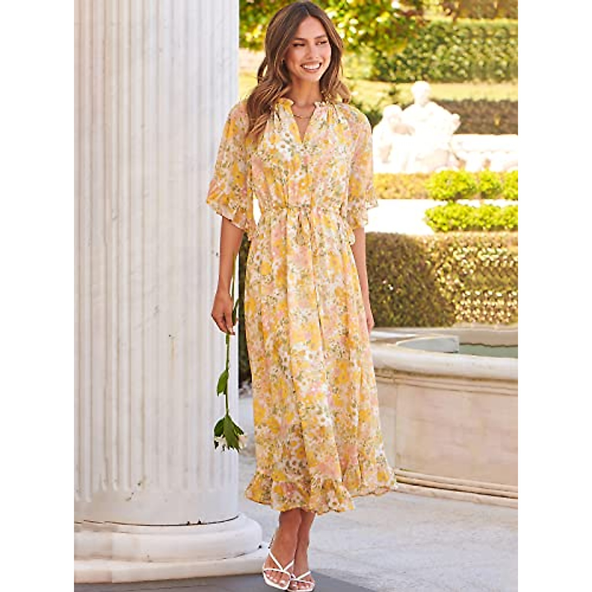 ANRABESS Women's Summer Ruffle Maxi Dress Floral Print 3/4 Bell Sleeve V Neck High Waist Flowy Boho Long Dress 746fenhuang-XL