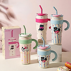24/40 Oz Cute Dog/Cat Stainless Steel Vacuum Insulated Tumbler with Lid Straw Handle, Cartoon Aesthetic Keep Hot/Iced Spill Proof Coffee Travel Mug (Pink,41 Oz)