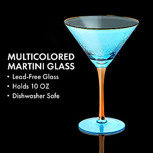 Crystal Martini Glasses Colored - Set of 4 - Stemmed Multi-Color Glass, Great for all Drink Types and Occasions - Luxury, Durable, Hand-Blown Vintage Art Deco Coupe for Champagne, Martini, Cocktails