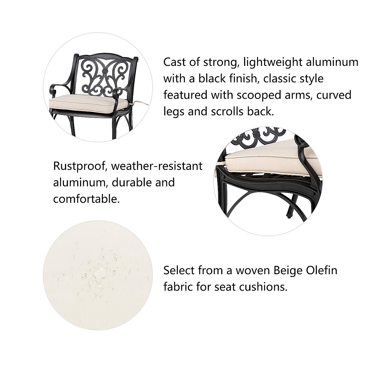 Glitzhome Elm Plus Set of 2 Cast Aluminium Patio Dining Chairs with Armrests Outdoor Chairs Dining Furniture, All Weather Frame with Thick Cushion for Porch Yard Balcony Kitchen, Beige