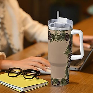 ZHSGNMHH Pine Cone Border 40oz Tumbler With Handle And Straw Stainless Steel Hot/Cold Travel Coffee Cup With Lid