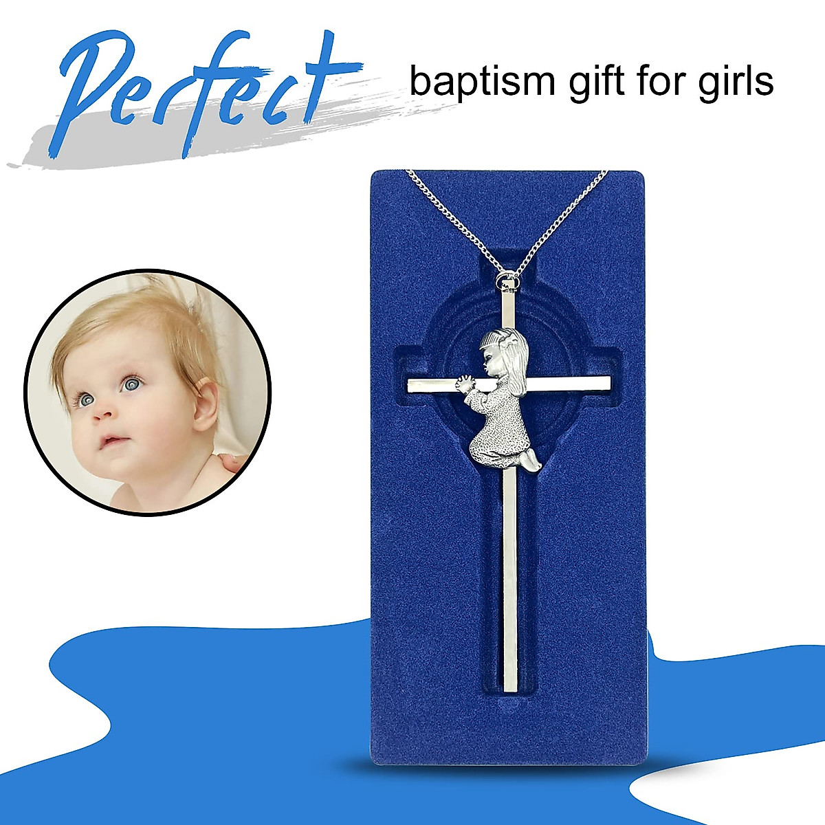 Wall Cross Baptism Gifts Baptism 1st Holy Communion Christening Decoration Silver Baby Wall Cross Baptism Gifts for Girl Baptism, Baby Shower, Birthday, Silver Cross with Praying Girl