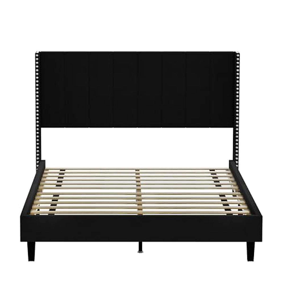 Queen Size Velvet Upholstered Platform Bed Frame with Vertical Channel Tufted Headboard, Soft Velvet Platform Bed with Solid Wood Slat Support for Bedroom Boys Girls Adults Teens, Noise Free, Black