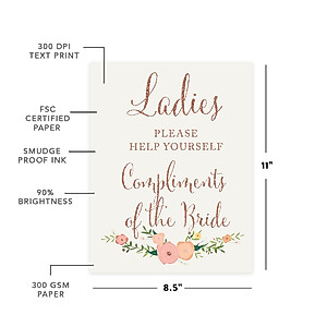 Andaz Press Wedding Party Signs, Faux Rose Gold Glitter with Florals, 8.5x11-inch, Ladies Gentlemen Bathroom Basket Compliment of Bride Groom, 2-Pack, Colored Decorations