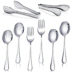 8 Pieces Stainless Steel Flatware Serving Utensils, Include 2 Serving Spoons, 2 Slotted Spoons, 2 Tongs and 2 Forks for Party Buffet Banquet Kitchen