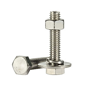 1/4-20 x 3 Hex Head Cap Screws Bolts and Nuts, Flat Washers, Spring Washers, Stainless Steel 18-8 (304), 10 Sets