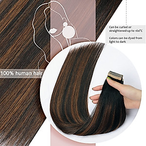 ShowJarlly Tape in Hair Extensions 20pcs 24 Inches Tape Ins Extensions Remy Human Hair Invisible Seamless Skin Weft for White Women Off Black Mixed Light Brown (1B/6/1B) 50g