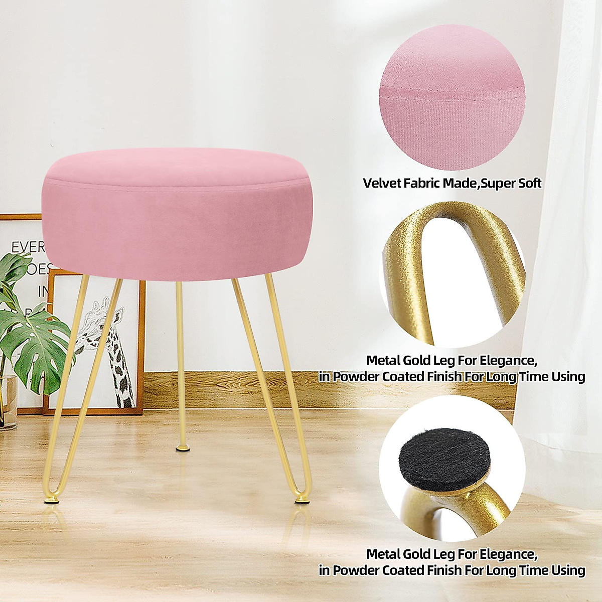 YOONIC Velvet Soft Modern Vanity Stool -Round Footrest Stool Ottoman Side Table Seat Dressing with Golden Metal Leg and Sponge Filling,Upholstered Foot Rest, for Living Room and Bedroom Pink