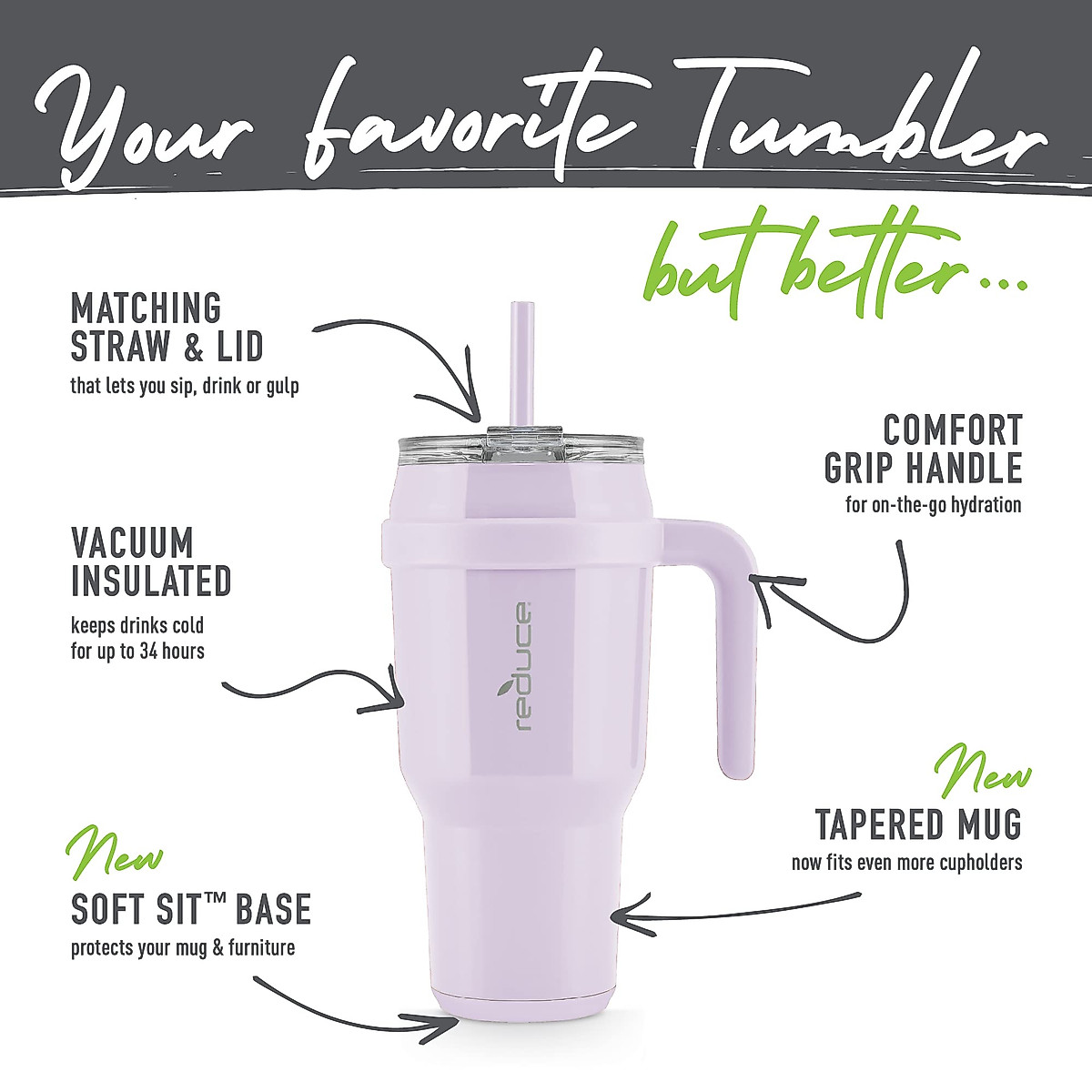 REDUCE Cold1 40 oz Tumbler with Handle - Vacuum Insulated Stainless Steel Water Bottle for Home, Office or Car, Reusable Mug with Straw or Leakproof Flip Lid, Keeps Drinks Cold All Day- Lilac Bud