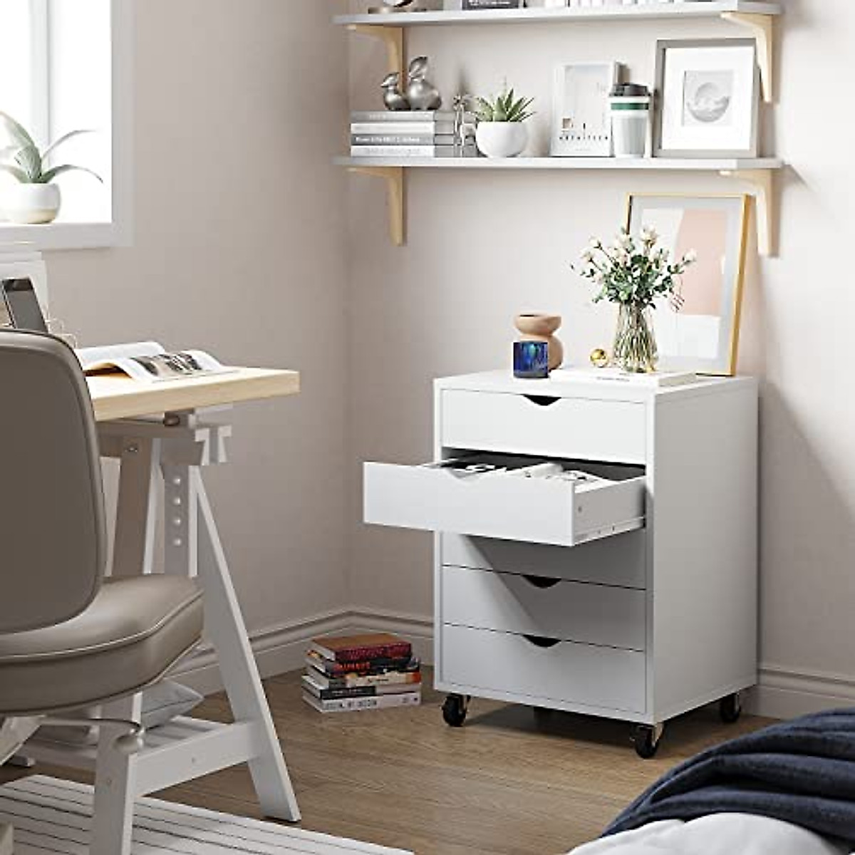 YITAHOME 5-Drawer Chest, Wood Storage Dresser Cabinet with Wheels, Dressers & Chests of Drawers, Mobile Storage Closet Organizer for Home, Office, Bedroom White