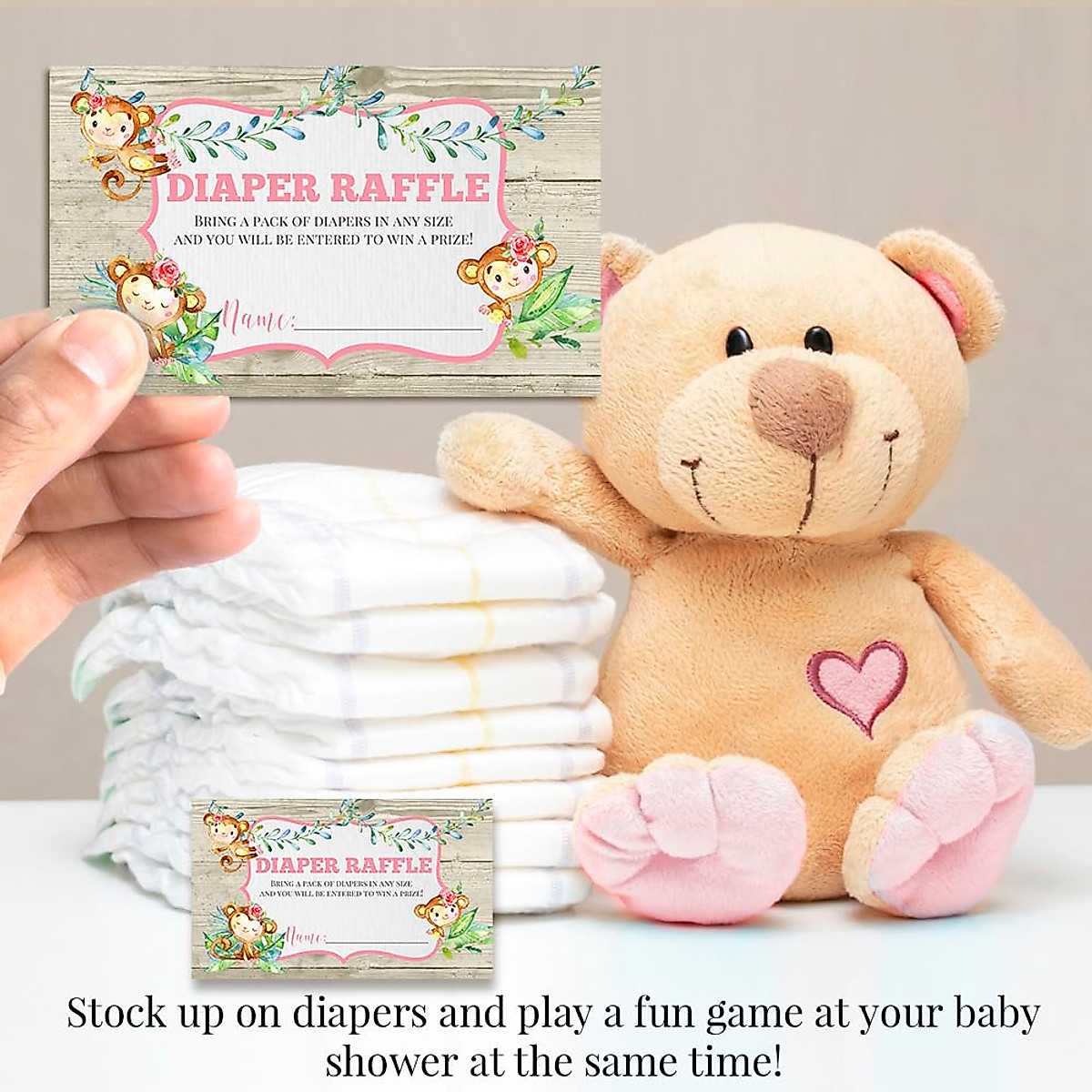 Amanda Creation Watercolor Jungle Monkeys Diaper Raffle Tickets for Baby Girl Showers, 20 2" X 3” Double Sided Insert Cards for Games, Bring a Pack of Diapers to Win Favors & Prizes!