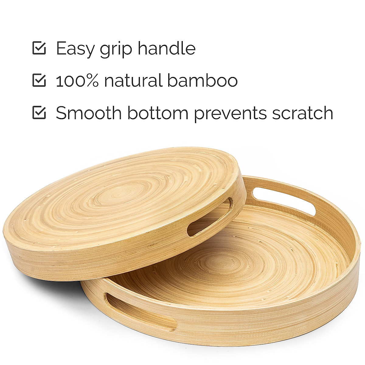 Round Serving Tray with Handles Bamboo Trays Serving Large Decorative Tea Trays for Coffee Table Bar Home Decor Bathroom Centerpieces Outdoor Organizing Tray for Vanity Fruit Set 2 (Bamboo Natural)