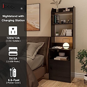 Aufvolr 6 Tier Bookshelf with Cabinet，Tall Night Stand with Charging Atation, Wood Book Shelf Storage Organizer, Modern Display Standing Shelf Unit for Bedroom, Living Room, Office (Black)