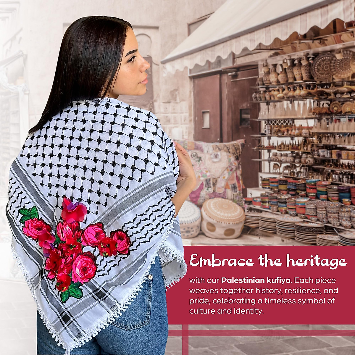 Ibyx Authentic Handmade Palestinian Keffiyeh - Show Your Pride with this Palestinian Shemagh Scarf (Black & White)