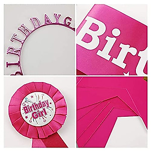 Happy Birthday Decorations Banner for Girls Pink Birthdy Girl Headband Sash Pin Button for Little Girls Birthday Party Favos Supplies Accessories , 4 Pcs