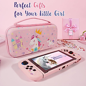 Pink Unicorn Carrying Case Compatible with Nintendo Switch (NOT OLED or LITE) with Dockable Protective Grip Case+Screen Protector+Unicorn Stickers, Hard Storage Case Accessories Kit for Girls Gifts