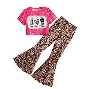 WDIRARA Girl's 2 Piece Outfit Floral Print Graphic Short Sleeve Tee Figure Graphic and Bell Bottom Flare Leg Pants Set Multicolor 10Y
