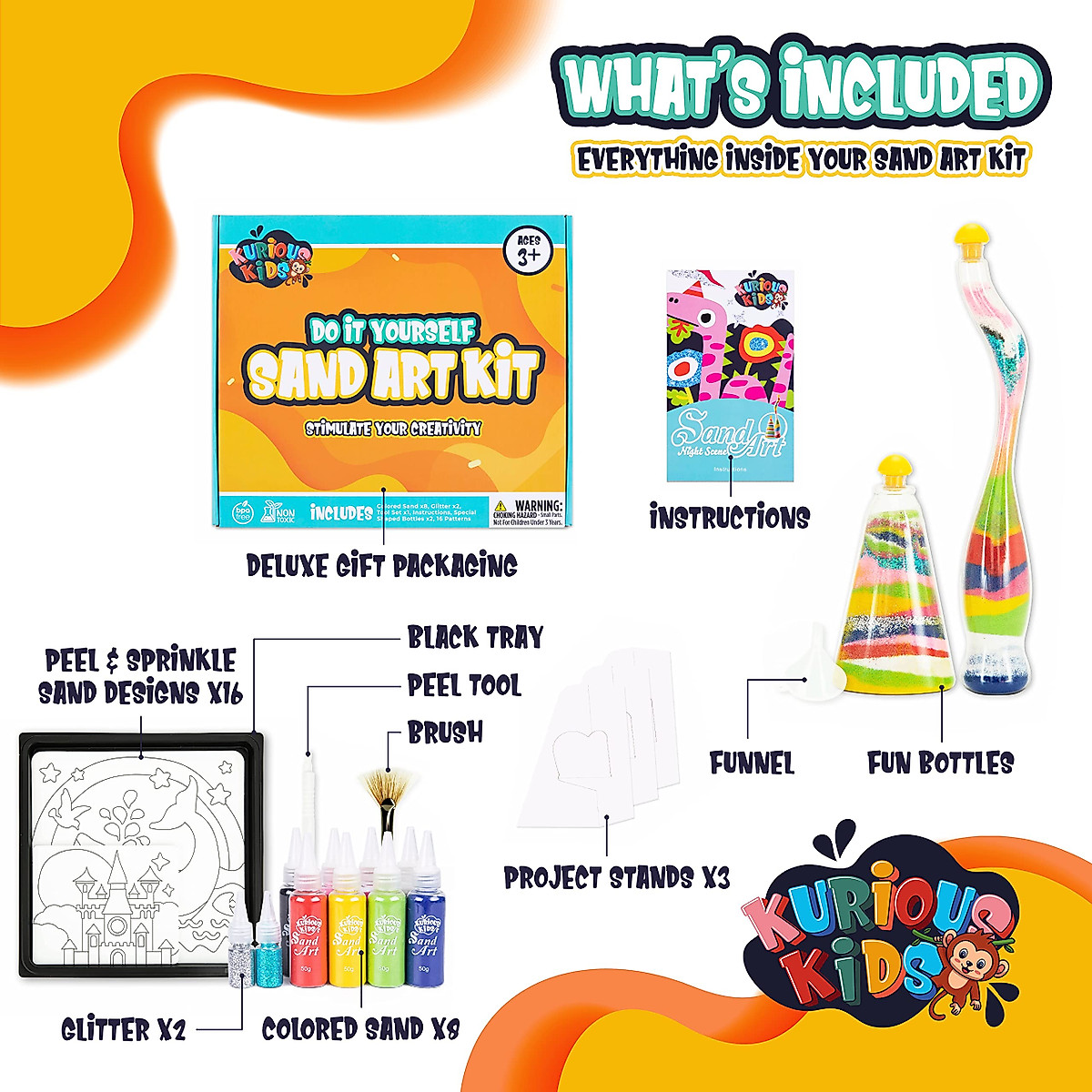 Sand Art Kit for Ages 3 to 10 - Everything Kids Need for Fun DIY Crafts - 16 Sand Peel&Sprinkle Pictures, 2 Sand Art Bottles, 8 Jars of Colored Sand, 2 Jars of Glitter, 1Tray, Funnel, Brush & Art Tool