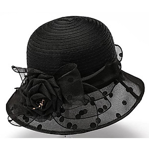 Dots-Organza Flower Band Wide Brim Sun Hat for Women French Straw Party Hat Bridal Wedding Fascinator Black