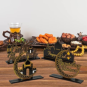 WATINC 4pcs Ramadan Kareem Wooden Table Topper Centerpiece Decorations, Happy Eid Mubarak Party Wood Tiered Tray Signs Table Decor, Al-Fitr Black Gold Detachable Tabletop Supplies for Home Kitchen