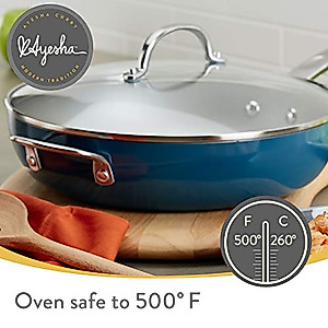 Ayesha Curry Home Collection Porcelain Enamel Nonstick Covered Deep Skillet With Helper Handle, 12 Inch Frying Pan with Glass Lid, Sienna Red