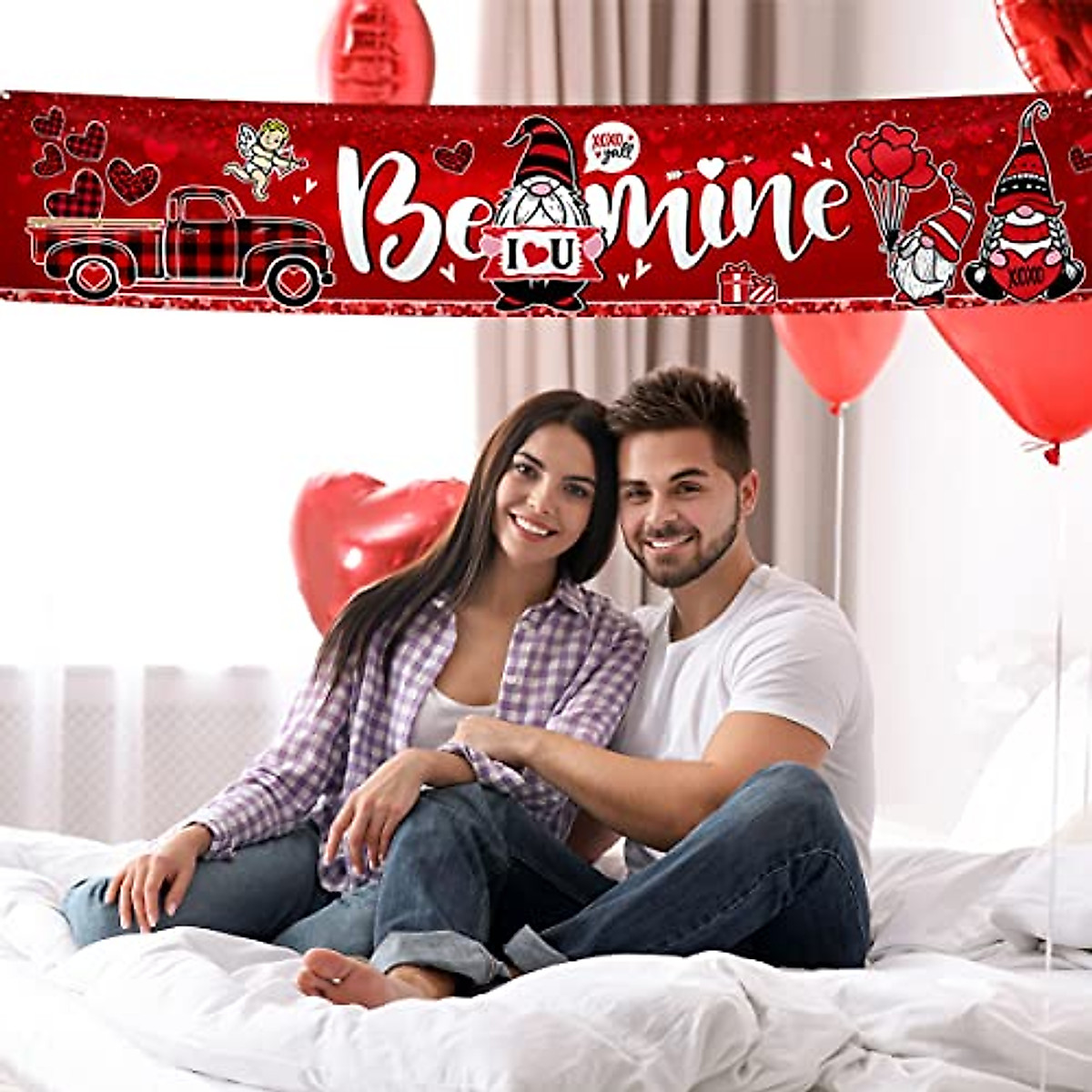 Happy Valentine Day Banner Decoration-Red Buffalo Gnome Yard Sign Banner,Be Mine Love Bling Banner for XOXO Valentine Decoration