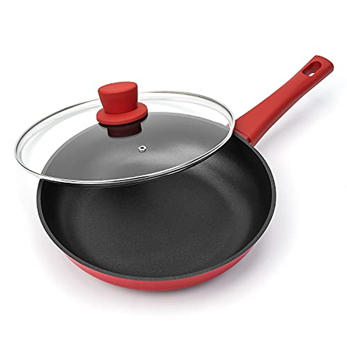 Sakuchi Nonstick Frying Pan with Lid 11 Inch, Skillet Non Stick for Induction Cooktop, Cooking Pan with Bakelite Handle, Green (11“-Red, 11In with lid)