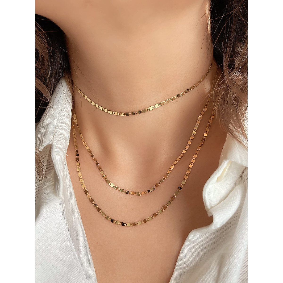 JEWELHEART Solid 14k Gold Chain Adjustable 13” To 17” Link Necklace For Women Mirror Valentino Gold Chain Flat Gold Choker Necklace Dainty Gold Collar Necklace