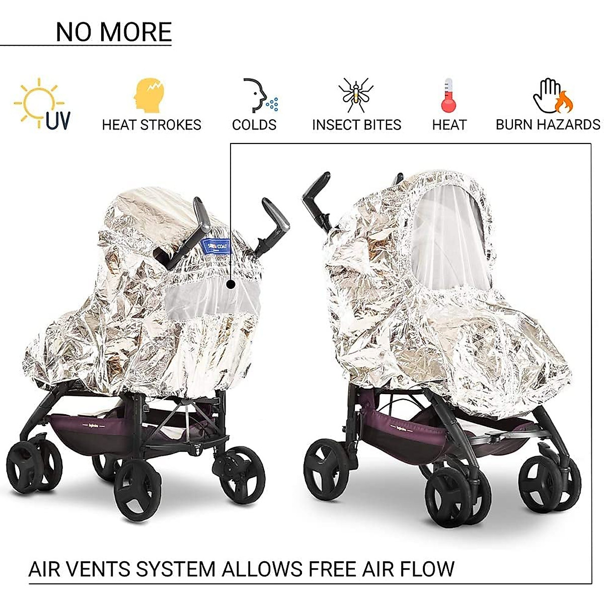 Silver Coat Heat Blocking Adjustable Sun Reflective All-weather Cover for the baby stroller body which reduces in half inside it. Also it’s a waterproof dustproof snowproof cover,