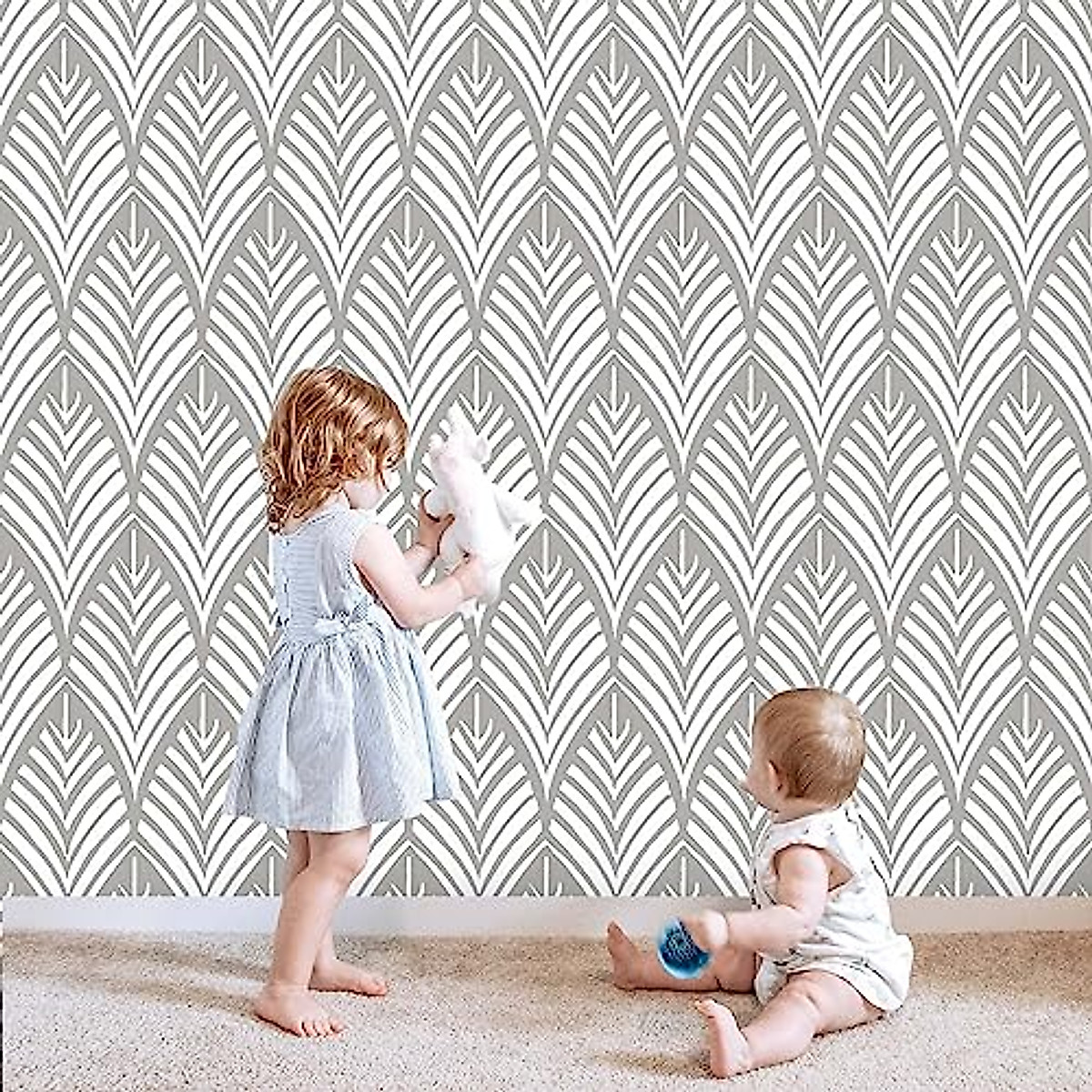 Yun-aeon Modern Silver Leaf Peel and Stick Wallpaper Contact Paper 17.7“ X 120“ Geometric Silver Boho Print Wallpaper Peel and Stick Self Adhesive Wallpaper Removable Wallpaper