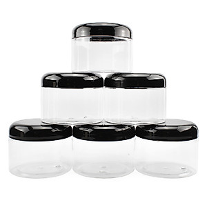Cornucopia 12 Ounce Clear Plastic Jars w/Black Plastic Lids (6 pack); BPA Free PET Stackable Canisters for Bathroom & Kitchen Storage