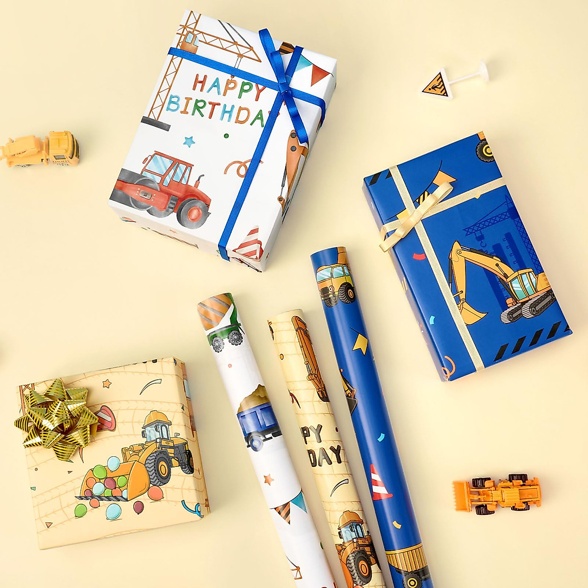 WERNNSAI Construction Wrapping Paper Rolls - 3 Short Rolls Birthday Wrapping Paper Rolls Kids Boys Wrapping Paper Rolls Trucks Wrapping Paper Blue Yellow White Gift Wrapping Paper with Cut Lines 17 in x 10 ft