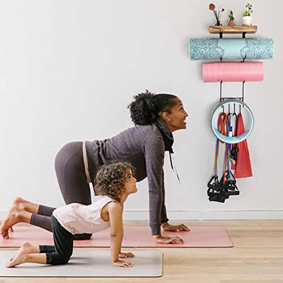 VINAEMO Yoga Mat Holder Accessories Wall Mount Organizer Storage Decor Foam Roller and Towel Storage Rack with 4 Hooks and Wooden Shelves Yoga Mats Rack Block Resistance Bands for Home Gym School