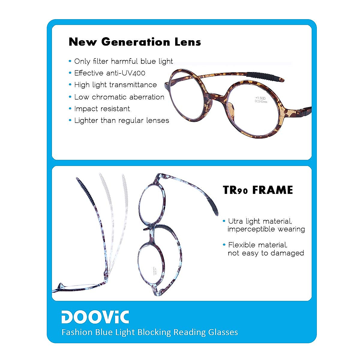 DOOViC Round Reading Glasses Blue Light Blocking Flexible Lightweight Readers Fashion Design Different Tortoise Glasses for Women Men & Men +3.5 Strength