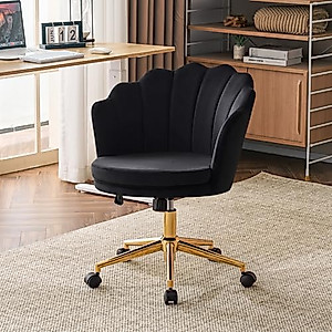 Furnimart Black Home Office Chair with Wheels Upholstered Comfy Velvet Desk Chair Stool, Cute Adjustable Swivel Modern Seashell Back Vanity Chair for Living Room, Bedroom, Office (Black)