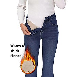 KDF Women's Fleece Lined Jeans Flare Bell Bottom Jeans Winter Super Warm Thick Fleece Denim High Waisted Stretch Jeans Fleece Pants 14,Dark Blue