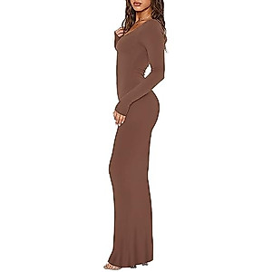 REORIA Women's Sexy Casual Scoop Neck Long Sleeve Lounge Long Dress Elegant Fall Wedding Guest Tight Ribbed Bodycon Maxi Dresses Coffee Medium
