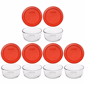 Pyrex (6 7200 Glass Bowls & (6) 7200-PC Poppy Red Lids Made in the USA