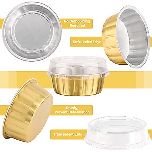 EUSOAR Aluminum Foil Cupcake Baking Cups, Gold 50 Pack 8oz Disposable Aluminium Creme Brulee Ramekins Cupcake Liners, Foil Desert Cake Pans Flan Molds Tin Foil Cups Containers with Lids for Baking