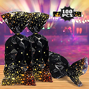 100 Pieces Plastic Party Treat Bags Foil Dot Cellophane Candy Goody Treat Bags with 100 Gold Twist Ties for Christmas Near Year Birthday Retirement Cocktail Wedding Party Supplies(Black Gold)