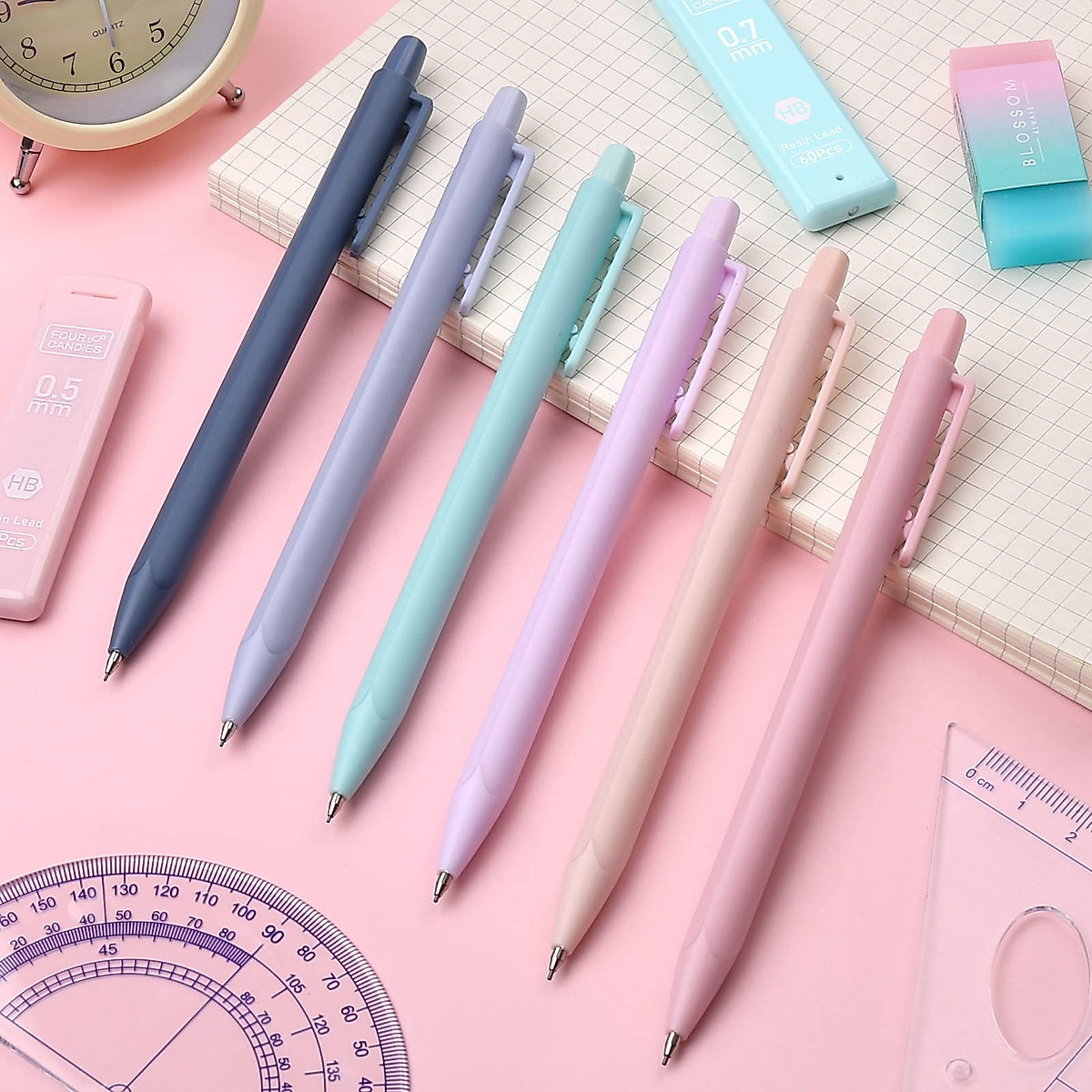 Four Candies Cute Mechanical Pencil Set, 6PCS Pastel Mechanical Pencils 0.5mm & 0.7mm with 360PCS HB Pencil Leads, 3PCS Erasers and 9PCS Eraser Refills, Aesthetic Mechanical Pencils for Girls Writing