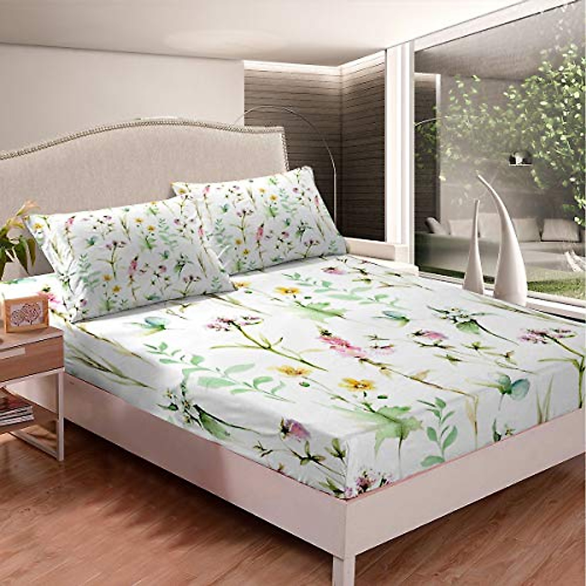 Girls Bed Sheet Set Twin Size Floral Print Fitted Sheet for Kids Teens Bedroom Decor Chic Blossom Flowers Botanical Beding Set Microfiber Soft Nature Leaf Bed Cover with 1 Pillow Case